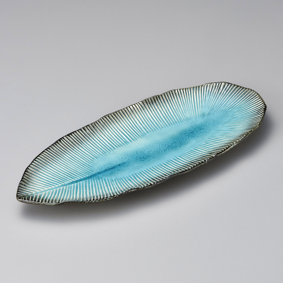 Aizome Blue Sky Leaf Shaped Oval Serving Plate - 33cm