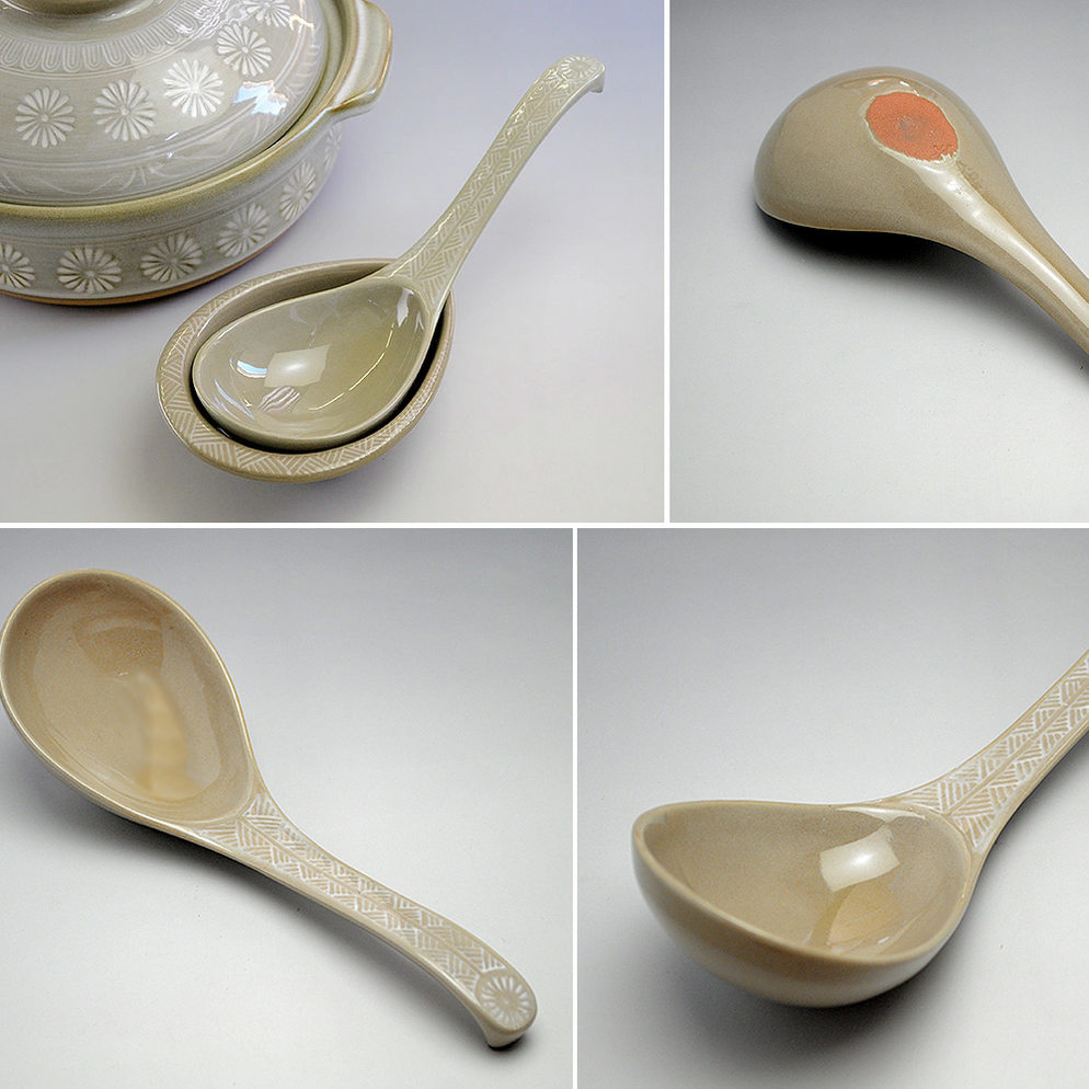 Ginpo Hana Mishima Donabe Soup Ladle and Ladle Rest Set - Grey - 2-Pie